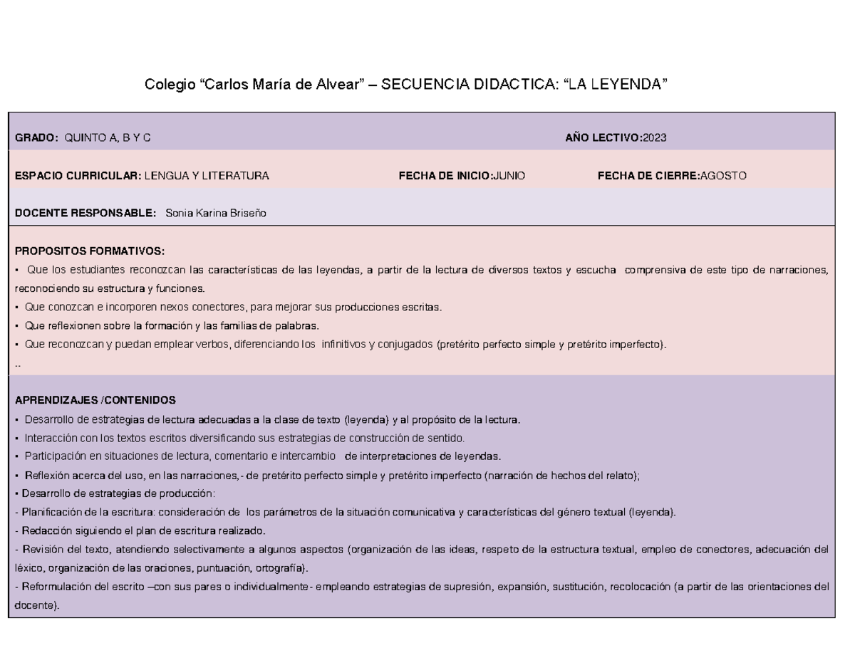 Secuencia LA Leyenda - Colegio “Carlos María de Alvear” – SECUENCIA ... Secuencia LA Leyenda - Colegio “Carlos María de Alvear” – SECUENCIA ...