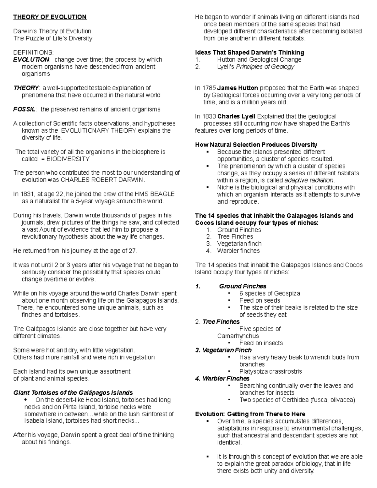 Theory of Evolution (01) - THEORY OF EVOLUTION Darwin’s Theory of ...