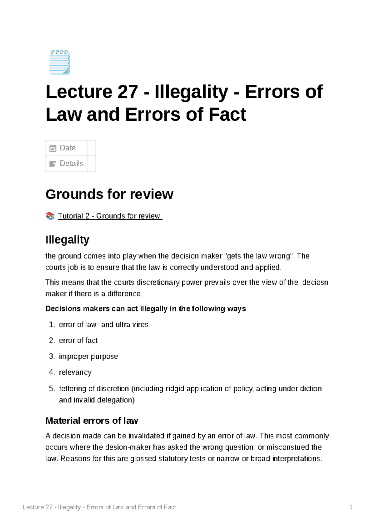 Lecture 27 - Illegality - Errors of Law and Errors of Fact - The courts ...