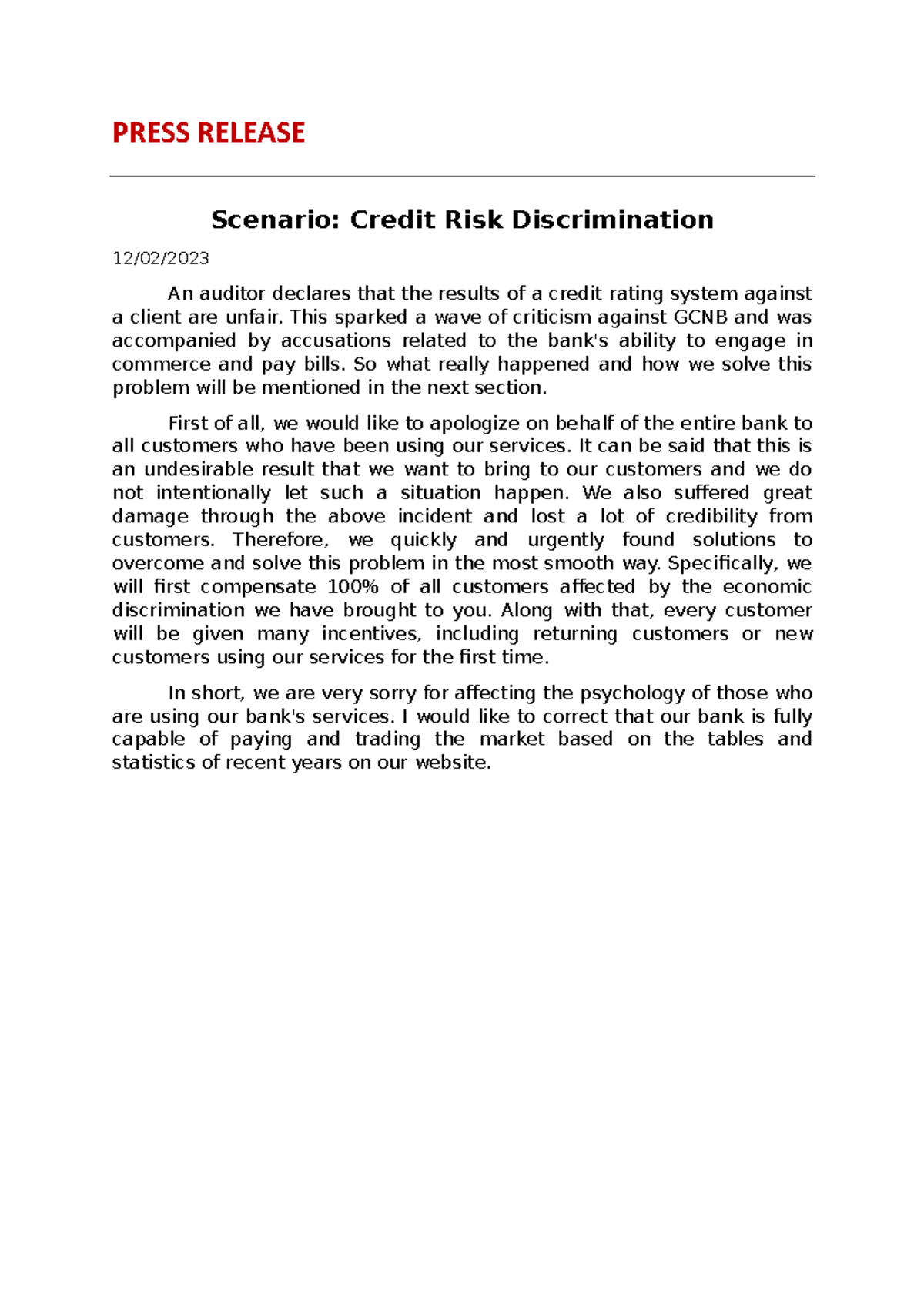 Credit Risk Discrimination - PRESS RELEASE Scenario: Credit Risk ...
