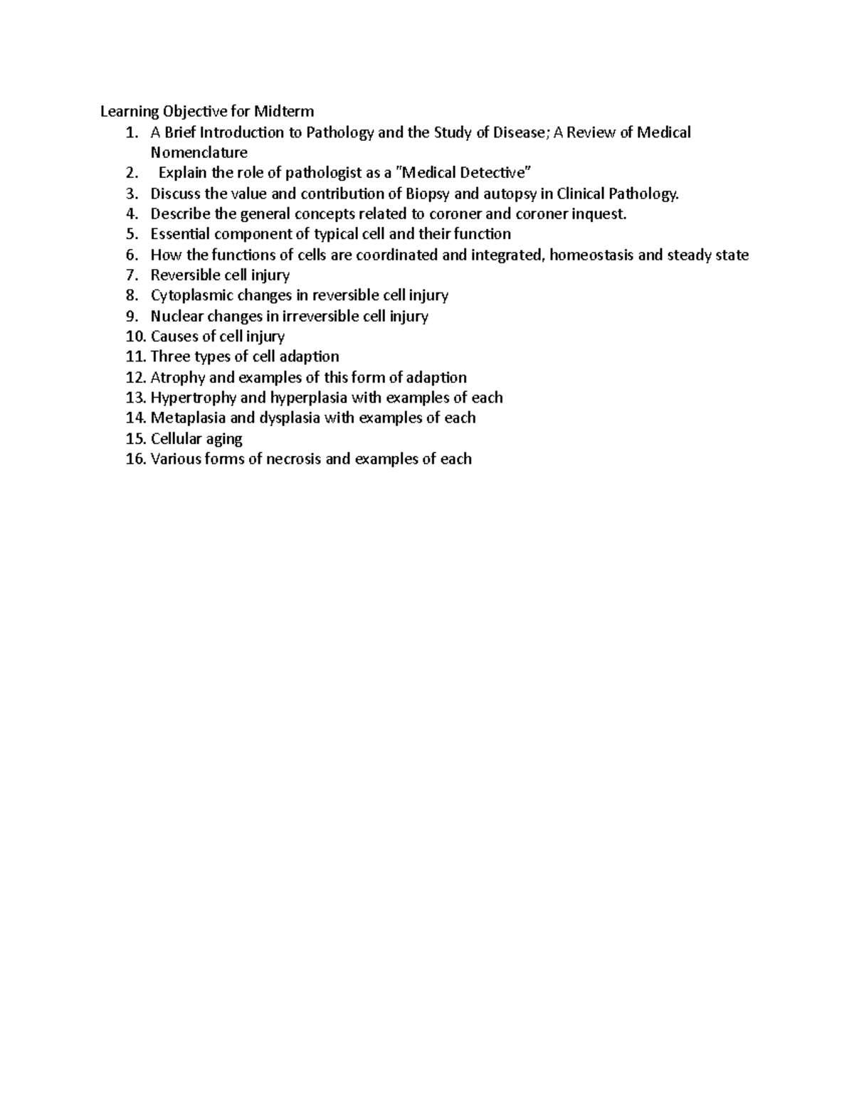 Learning Objective for Midterm - A Brief Introduction to Pathology and ...