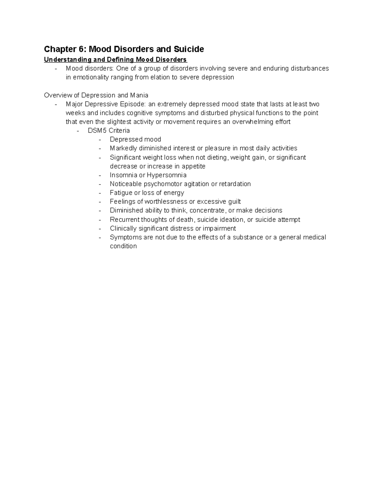 Abnormal Psych Chapter 6 Notes - Chapter 6: Mood Disorders and Suicide ...