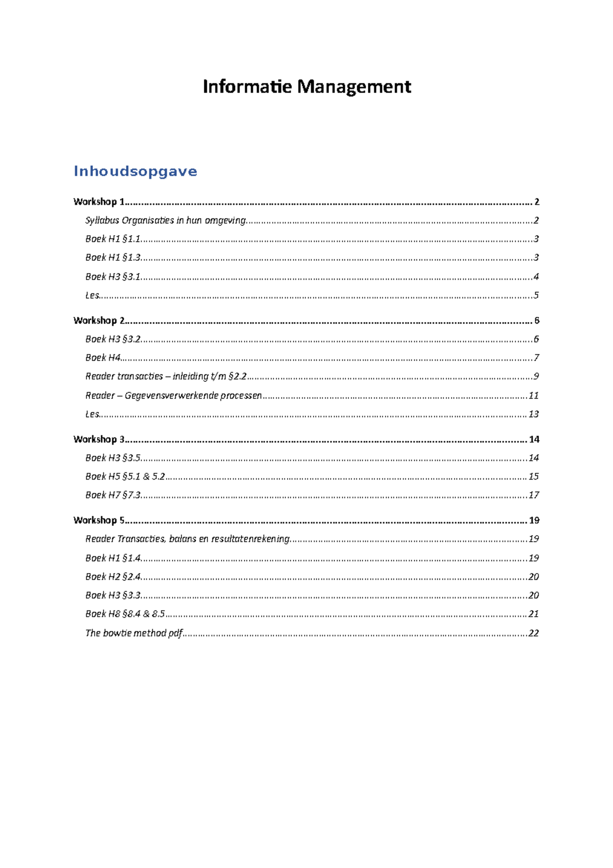 Informatie Management - Informatie Management Workshop - Studeersnel