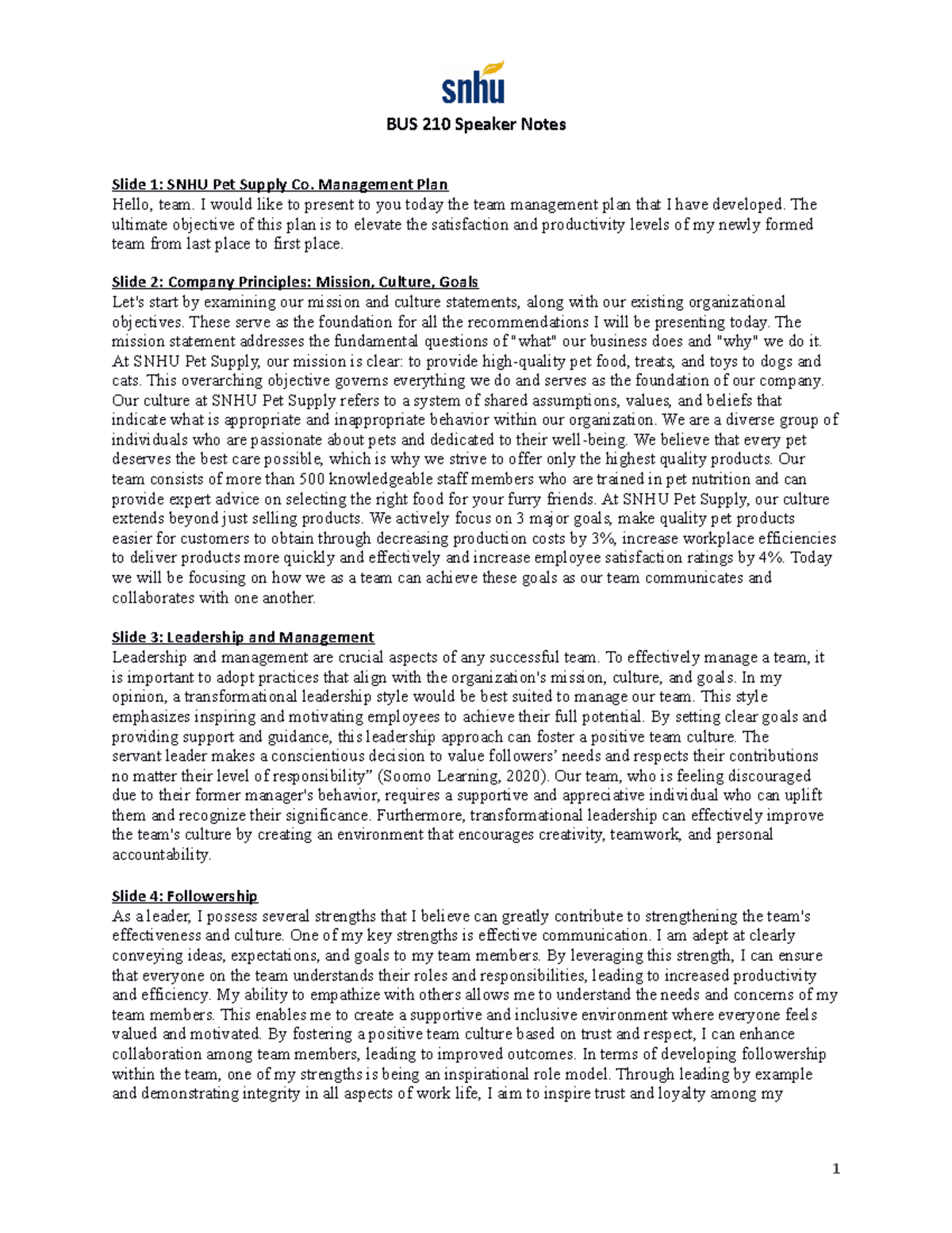 BUS 210 Speaker Notes-MC - BUS 210 Speaker Notes Slide 1: SNHU Pet ...