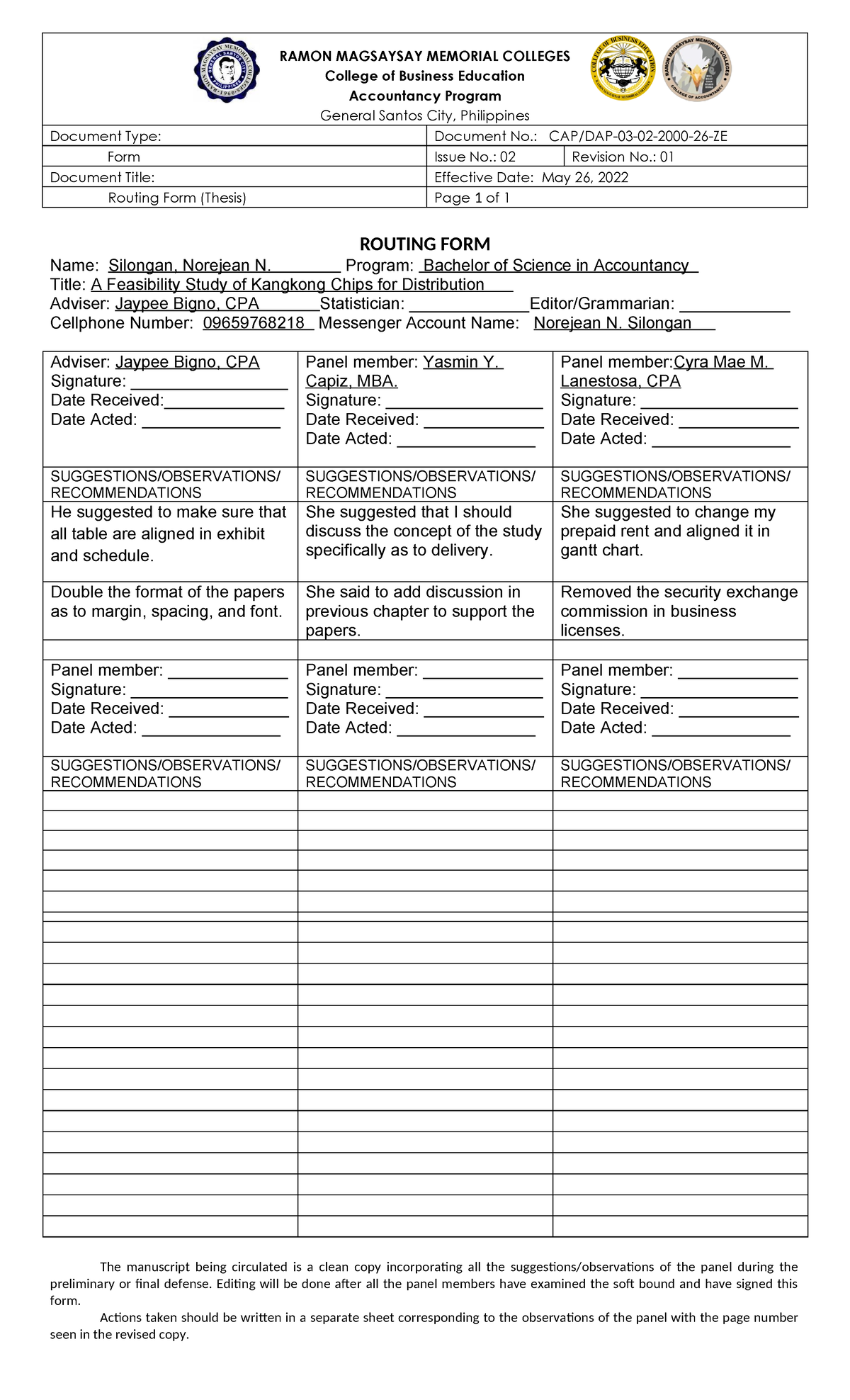 Routing-form - YES - ROUTING FORM Name: Silongan, Norejean N. Program ...