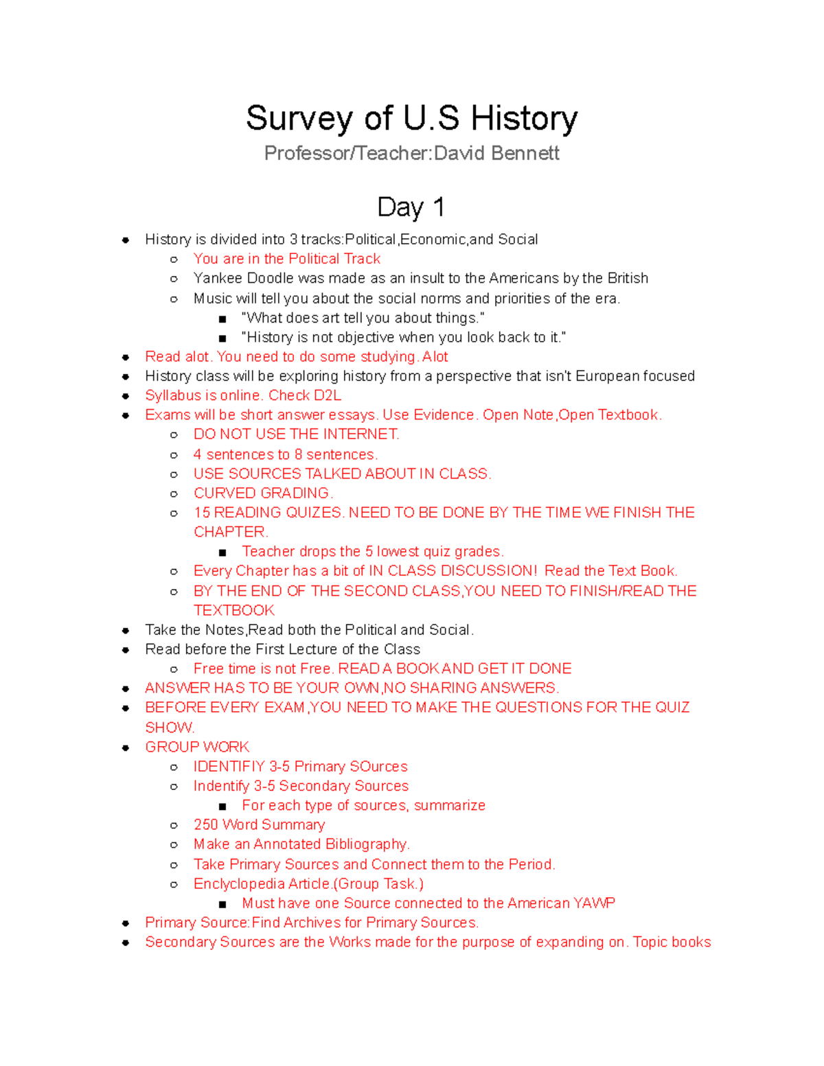 History Class First Day Notes - Survey of U History Professor/Teacher ...