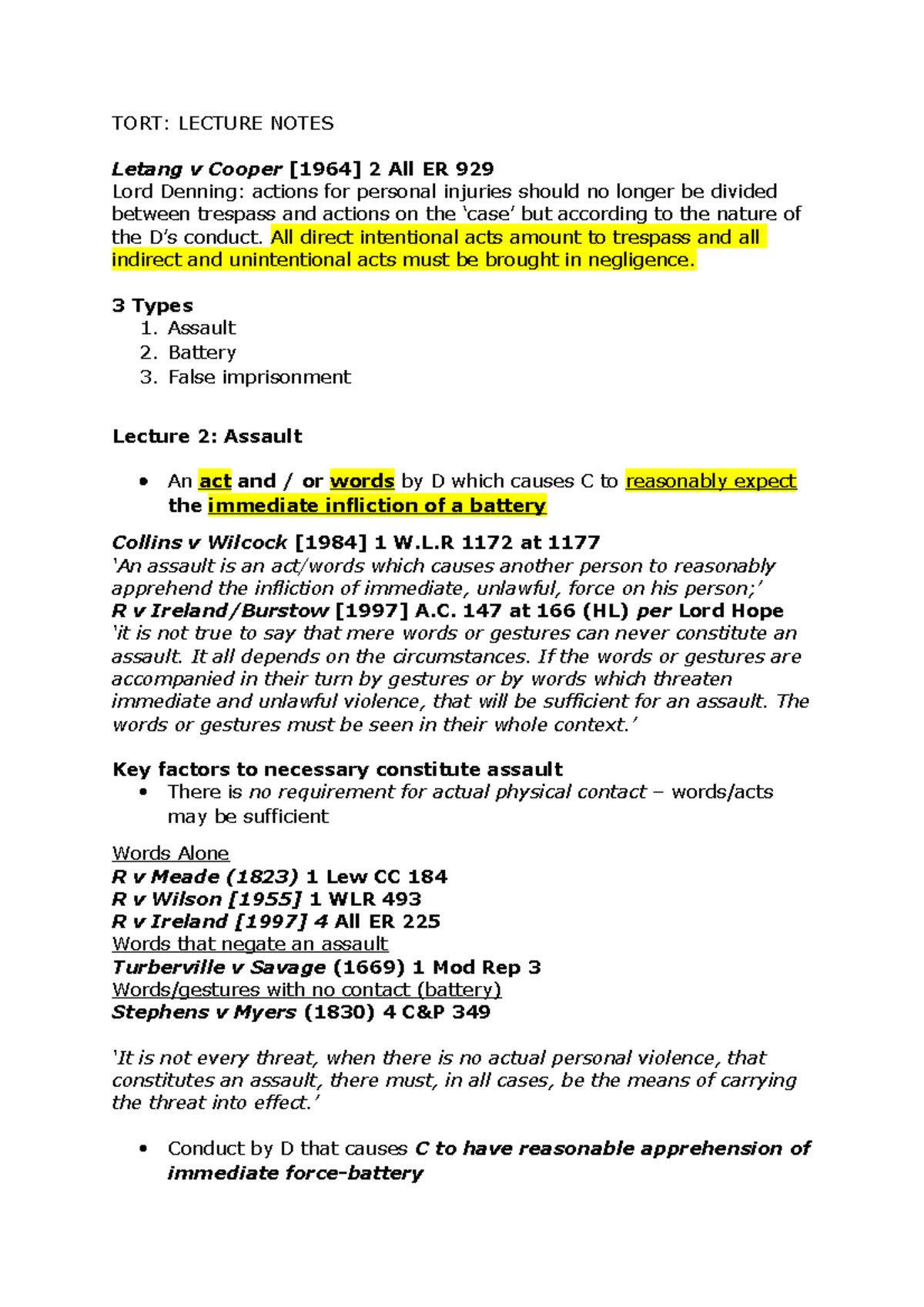 law lecture notes - TORT: LECTURE NOTES Letang v Cooper [1964] 2 All ER ...