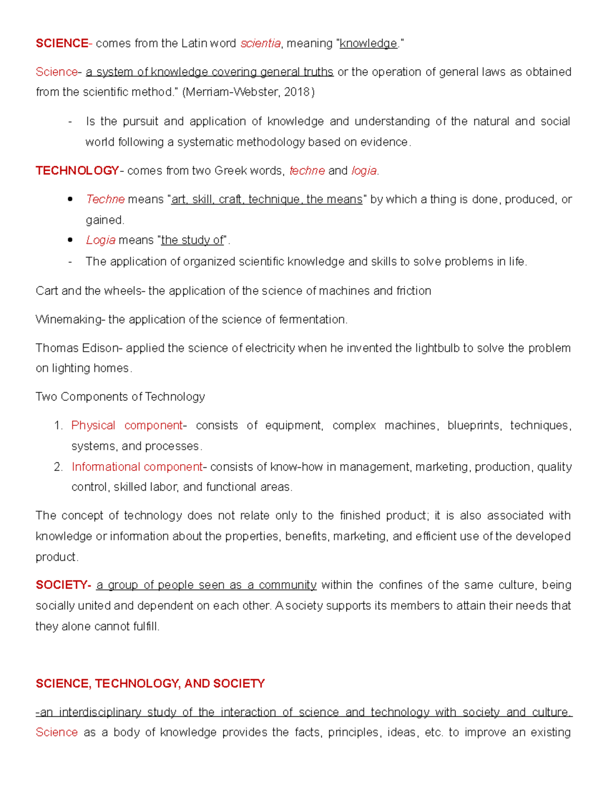STS - Science, technology, and society notes - SCIENCE- comes from the ...
