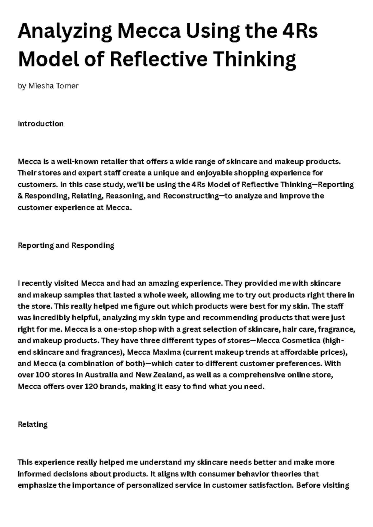 the 4R's model of reflective thinking assignment :- analysing Mecca as ...