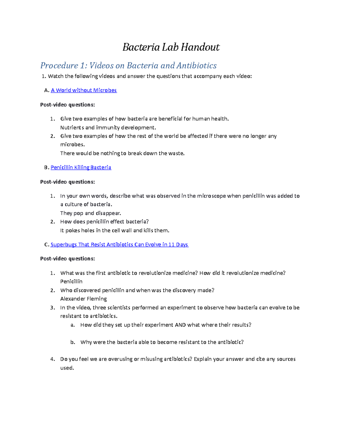 Bacteria Lab Handout - Bacteria Lab Handout Procedure 1: Videos on ...