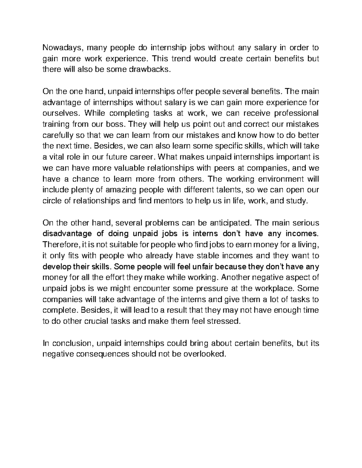 Essays - Writing task 2 - Nowadays, many people do internship jobs ...