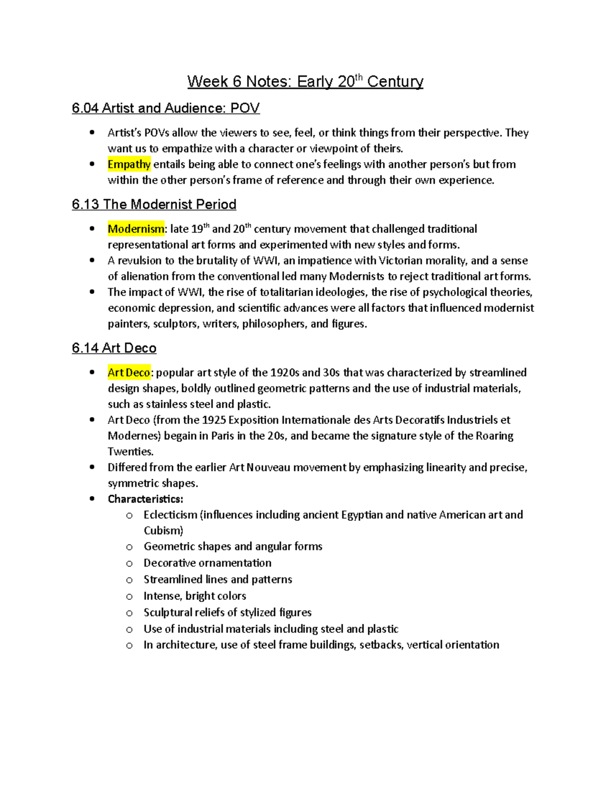 Week 6 Notes Early 20th Century Modernism - Week 6 Notes: Early 20th ...