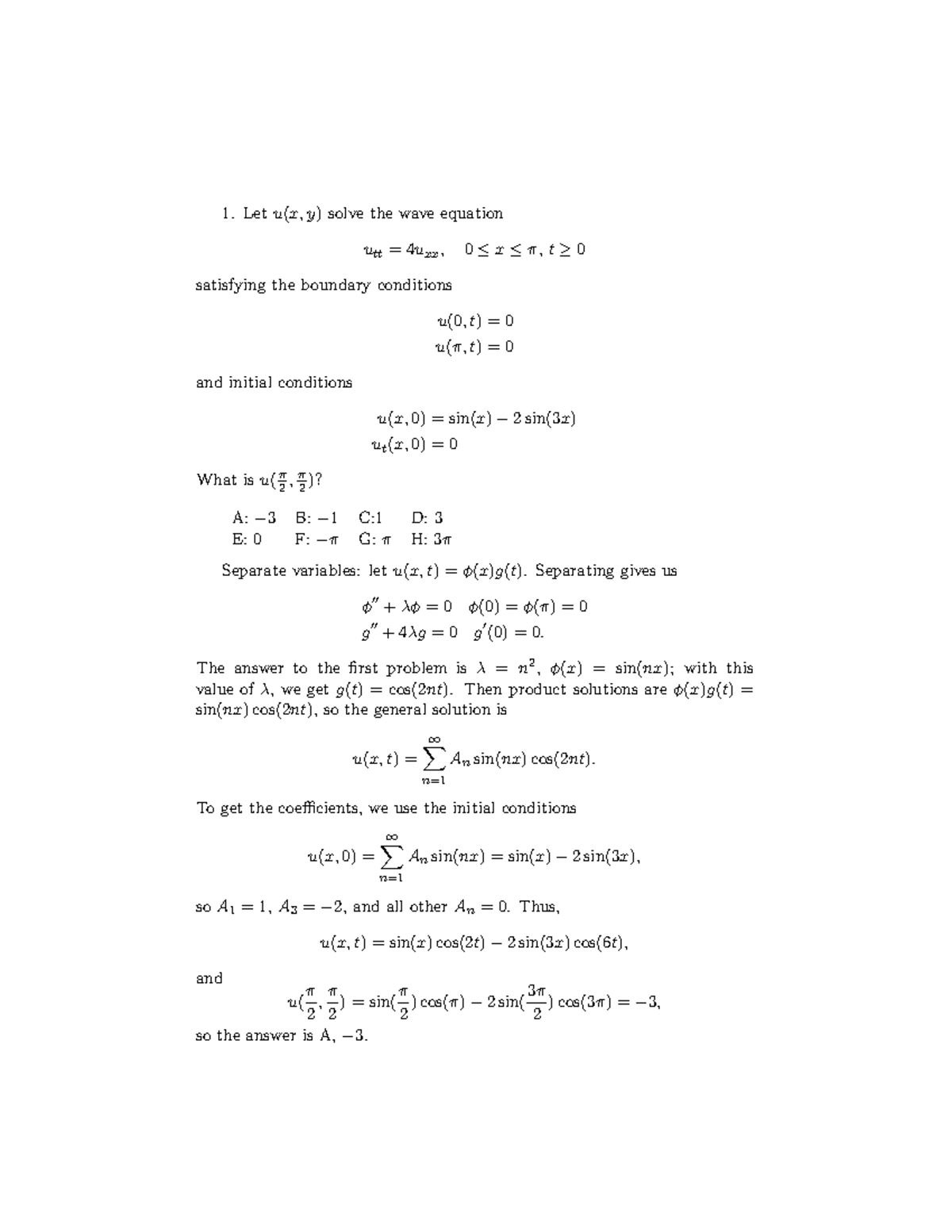 241testsol 2 - Other - Letu(x, y) solve the wave equation utt= 4uxx, 0 ...