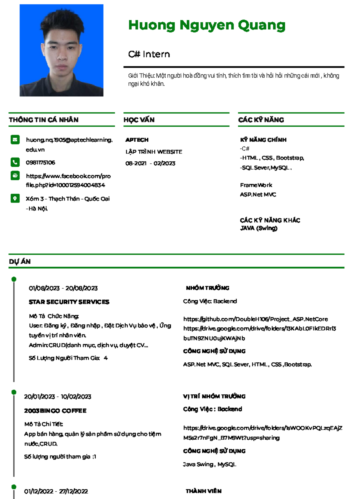 Huong Nguyen Quang Top CV - Huong Nguyen Quang C# Intern Giới Thiệu: Một người hoà đồng vui tính ...