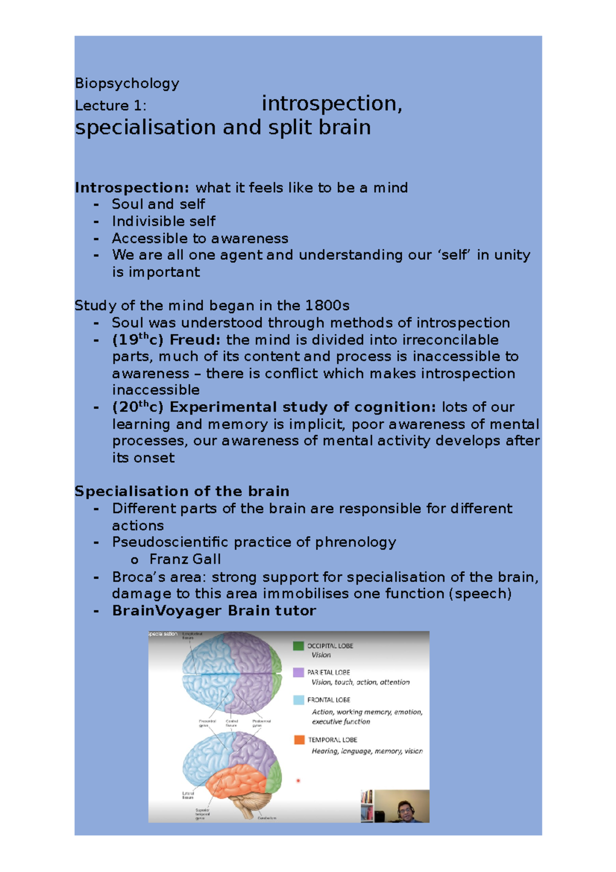 Biopsychology - Lecture notes 1 - Biopsychology Lecture 1 ...