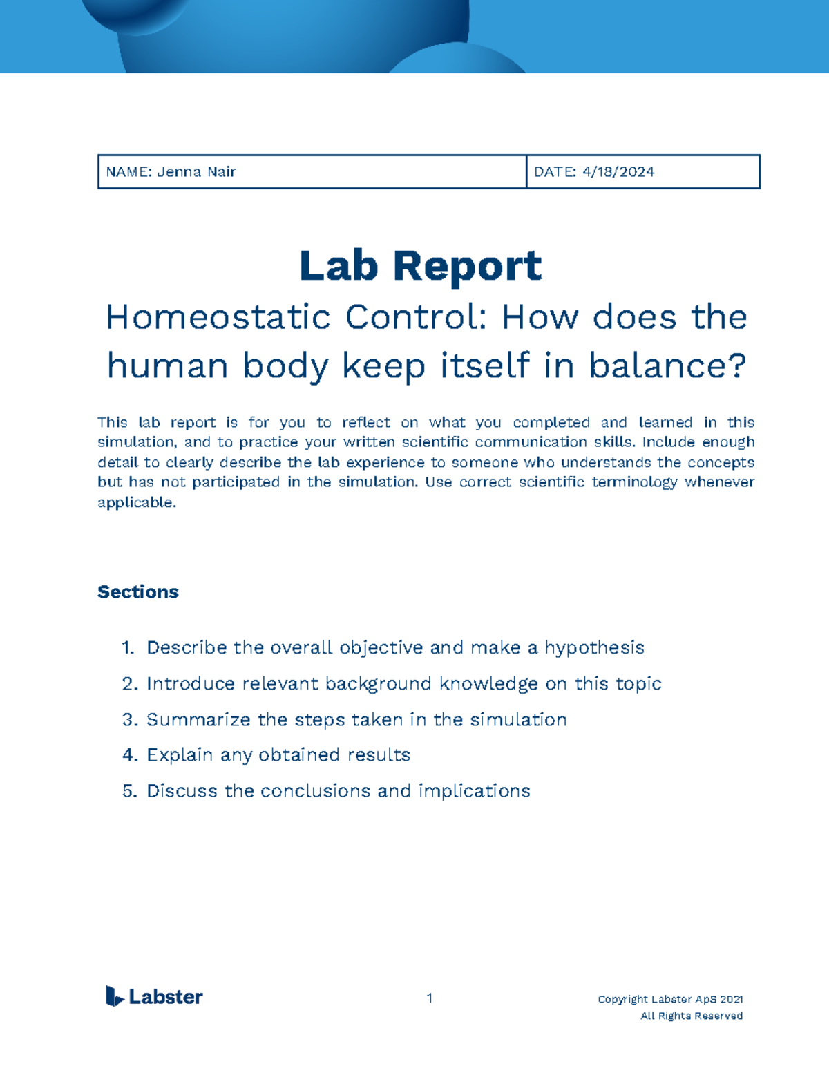 Homeostasis lab report - NAME: Jenna Nair DATE: 4/18/ Lab Report ...
