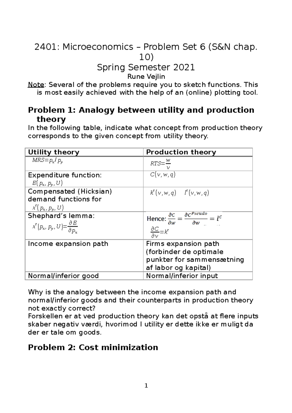 Mikrosæt 6 - Opgavesæt 6 - 2401: Microeconomics – Problem Set 6 (S&N ...