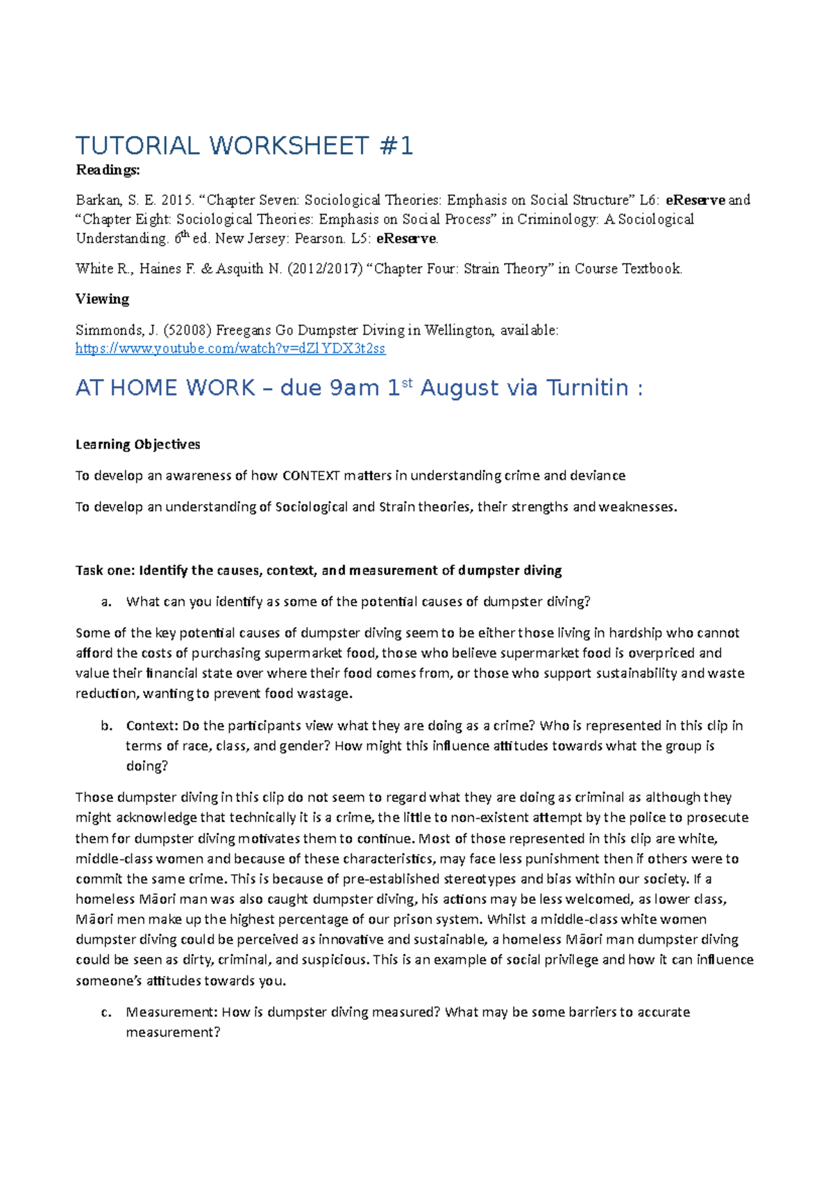 Tutorial Worksheet #2 - TUTORIAL WORKSHEET Readings: Barkan, S. E. 2015 ...