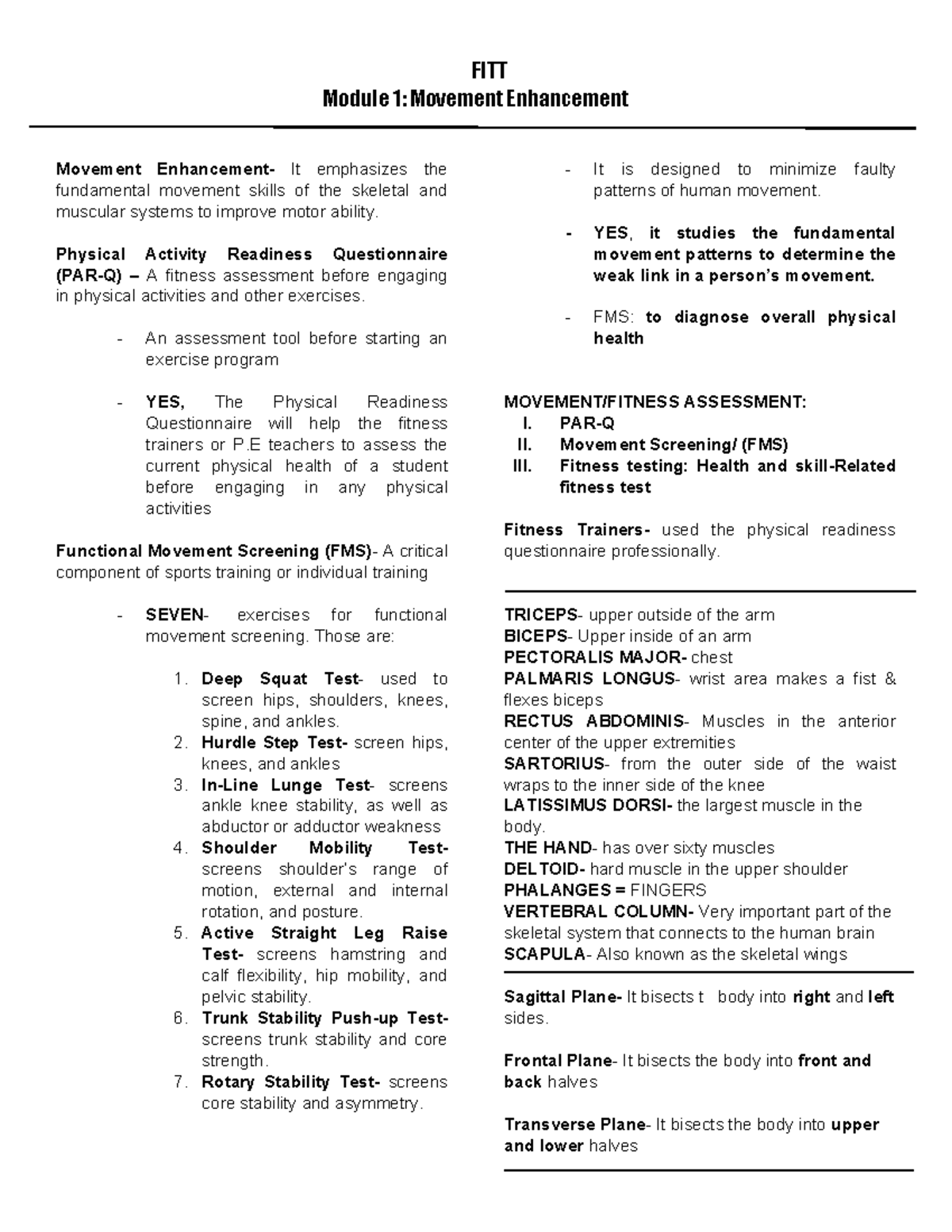 FITT Reviewer - FITT Module 1: Movement Enhancement Movement ...