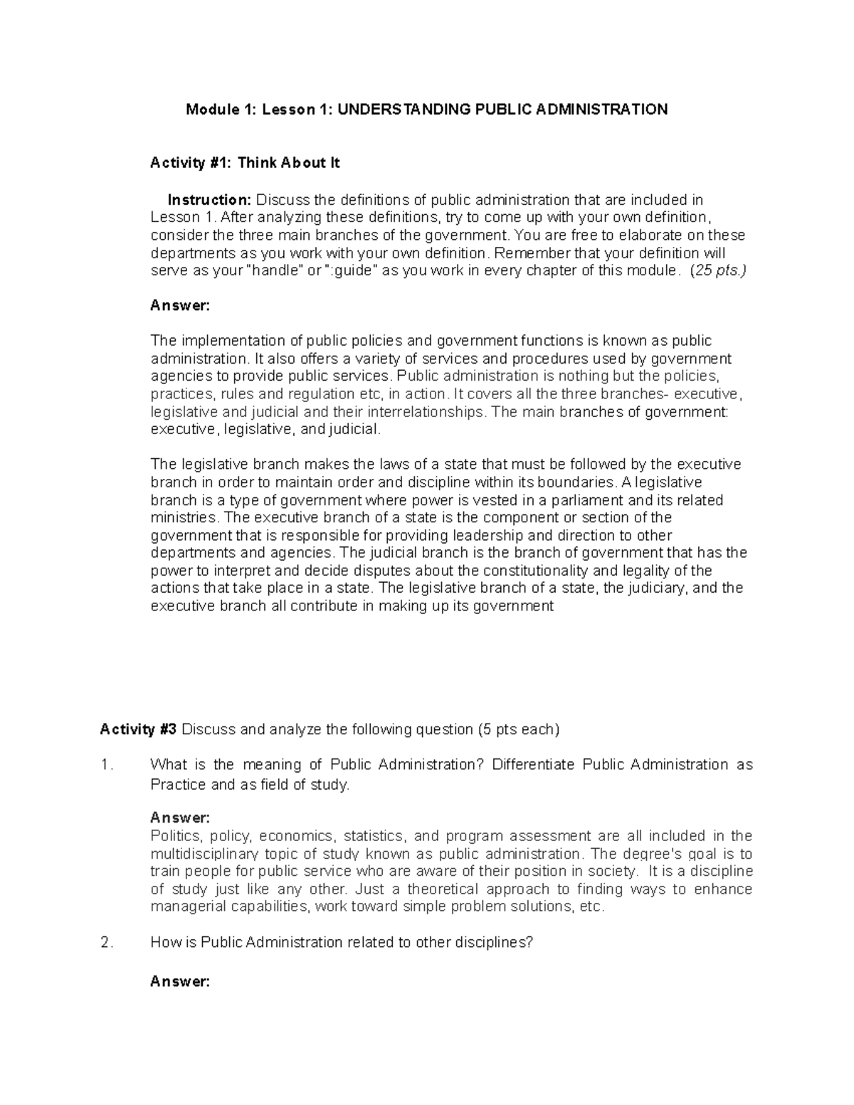 Intro TO Public AD Module 1 Activities - Module 1: Lesson 1: UNDERSTANDING PUBLIC ADMINISTRATION ...