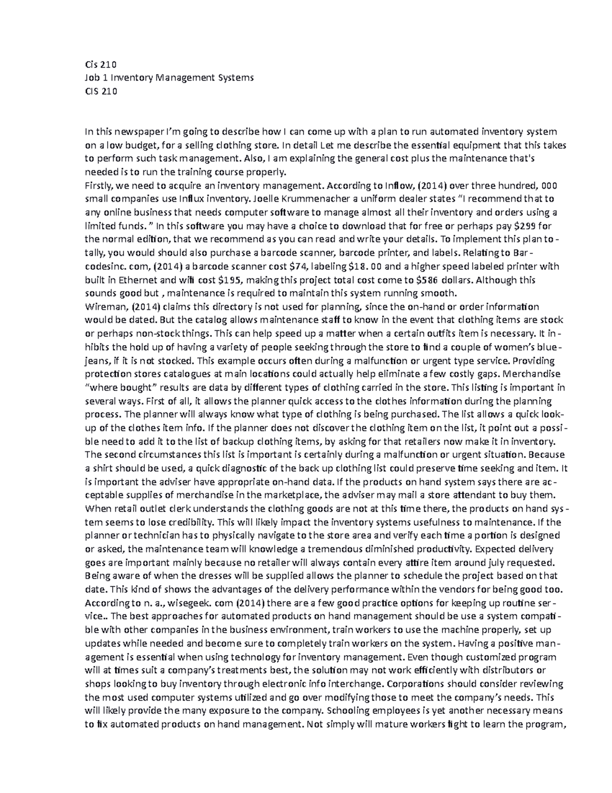Cis 210 Assignment 1 Inventory Management Systems 1 - Cis 210 Job 1 ...