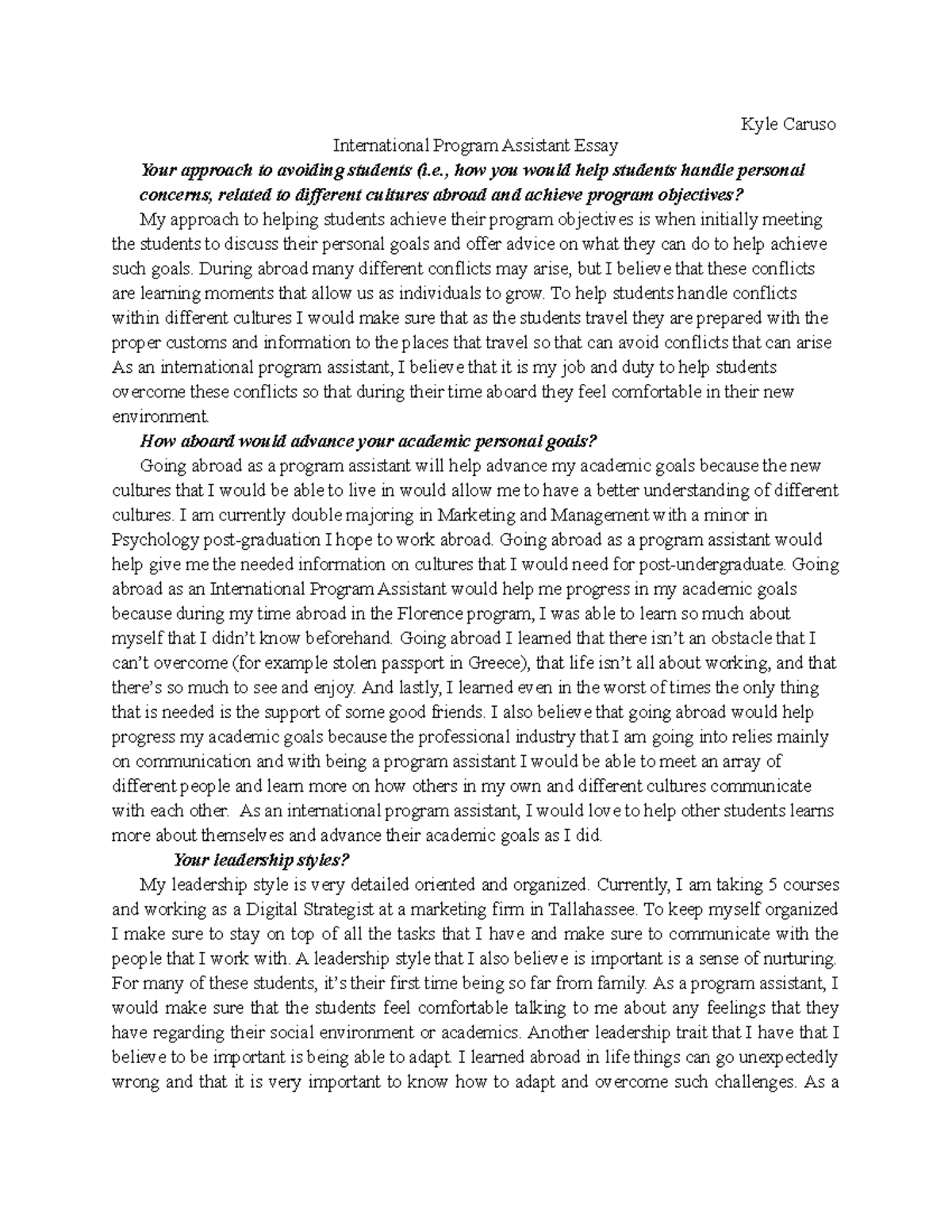 International Program Assistant Essay - Kyle Caruso International ...