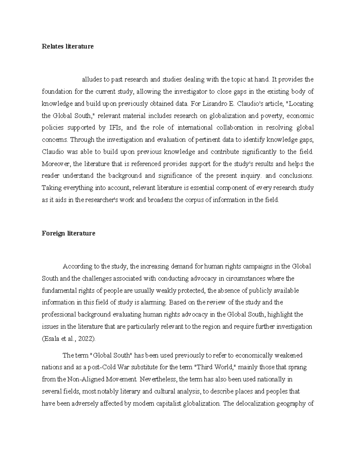 Chpter 2 cw - Relates literature alludes to past research and studies ...