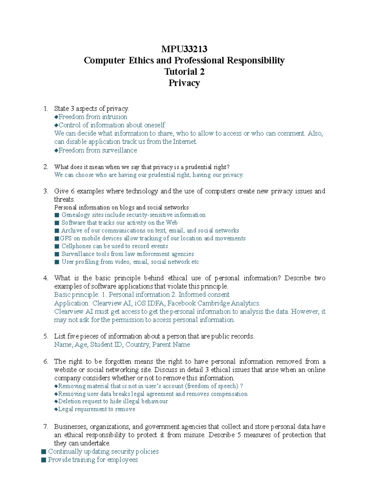 MPU33213 Tutorial 2 Question - MPU Computer Ethics and Professional Responsibility Tutorial 2 ...