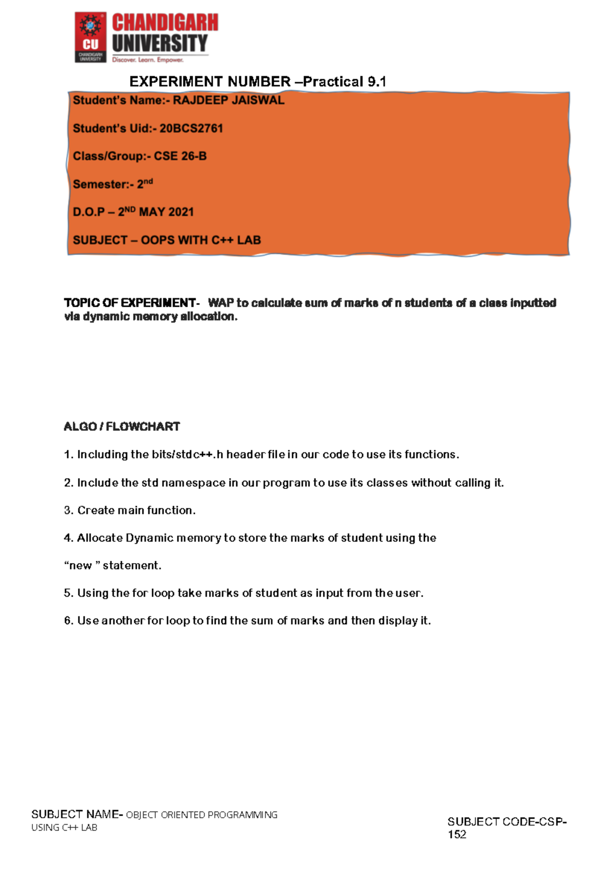 C++ 9 - contains all info - SUBJECT NAME- OBJECT ORIENTED PROGRAMMING ...