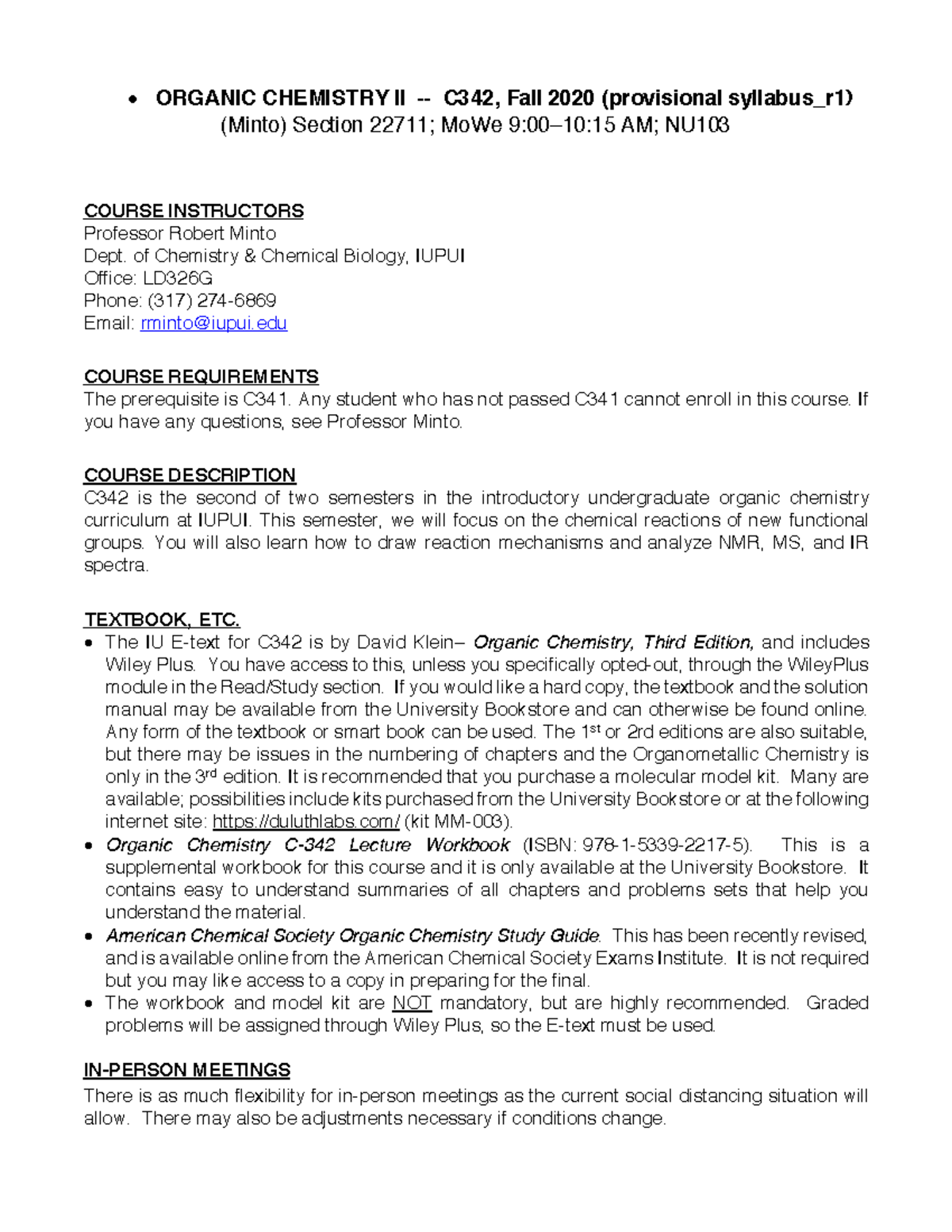 F20 C342 Syllabus v3 - Warning: TT: undefined function: 32 • ORGANIC CHEMISTRY II - C342, Fall ...