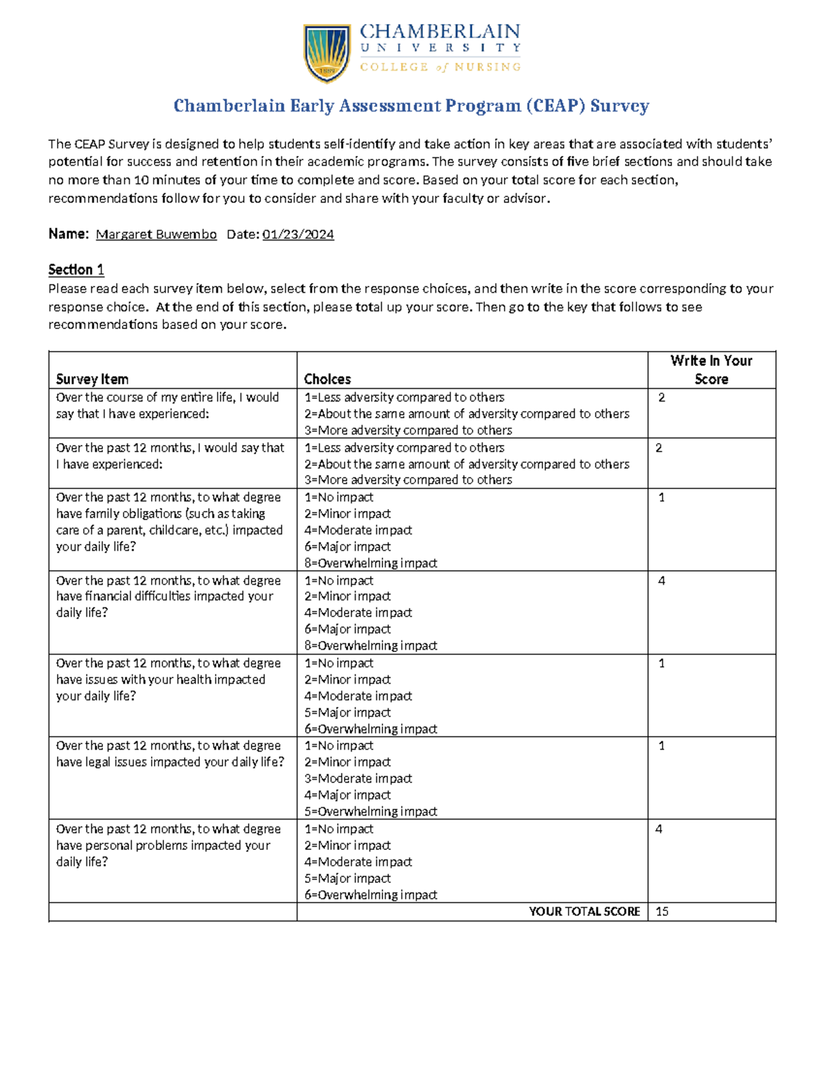 CEAP survey MNB - Chamberlain Early Assessment Program (CEAP) Survey ...