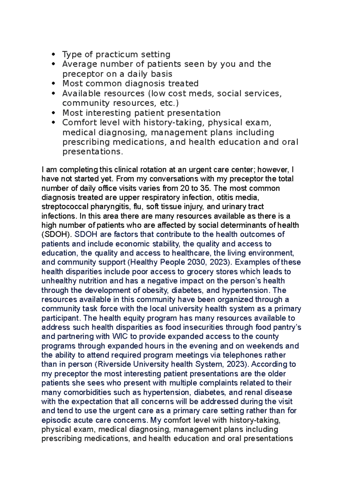 Unit 3 discussion - Type of practicum setting Average number of ...