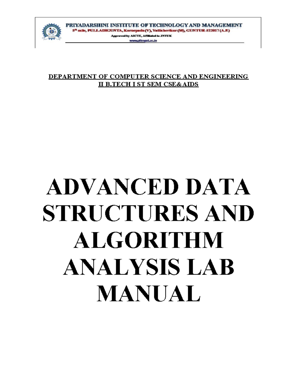 ADS&AA LAB Manual - DEPARTMENT OF COMPUTER SCIENCE AND ENGINEERING II B I ST SEM CSE&AIDS - Studocu