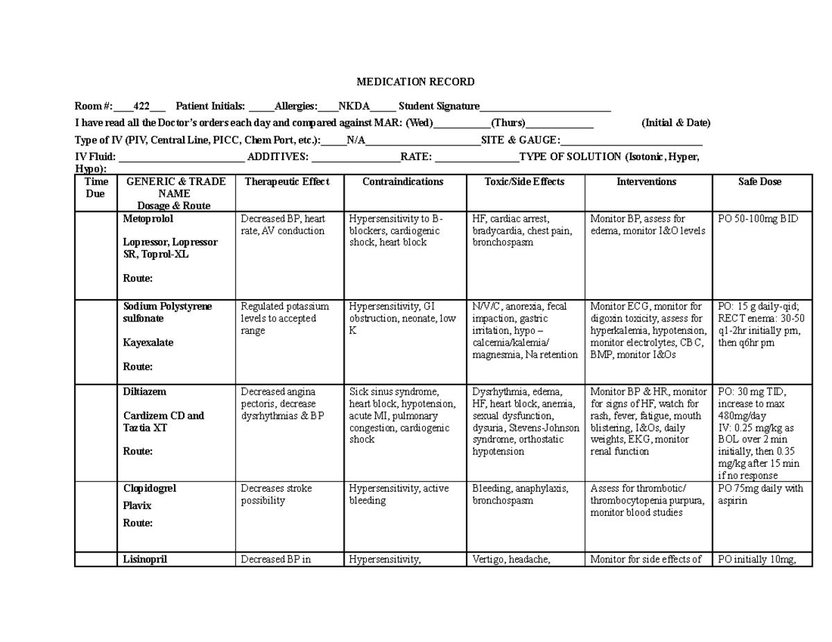 MAR for Afib EKG sim - MAR for Afib EKG sim - MEDICATION RECORD Room ...