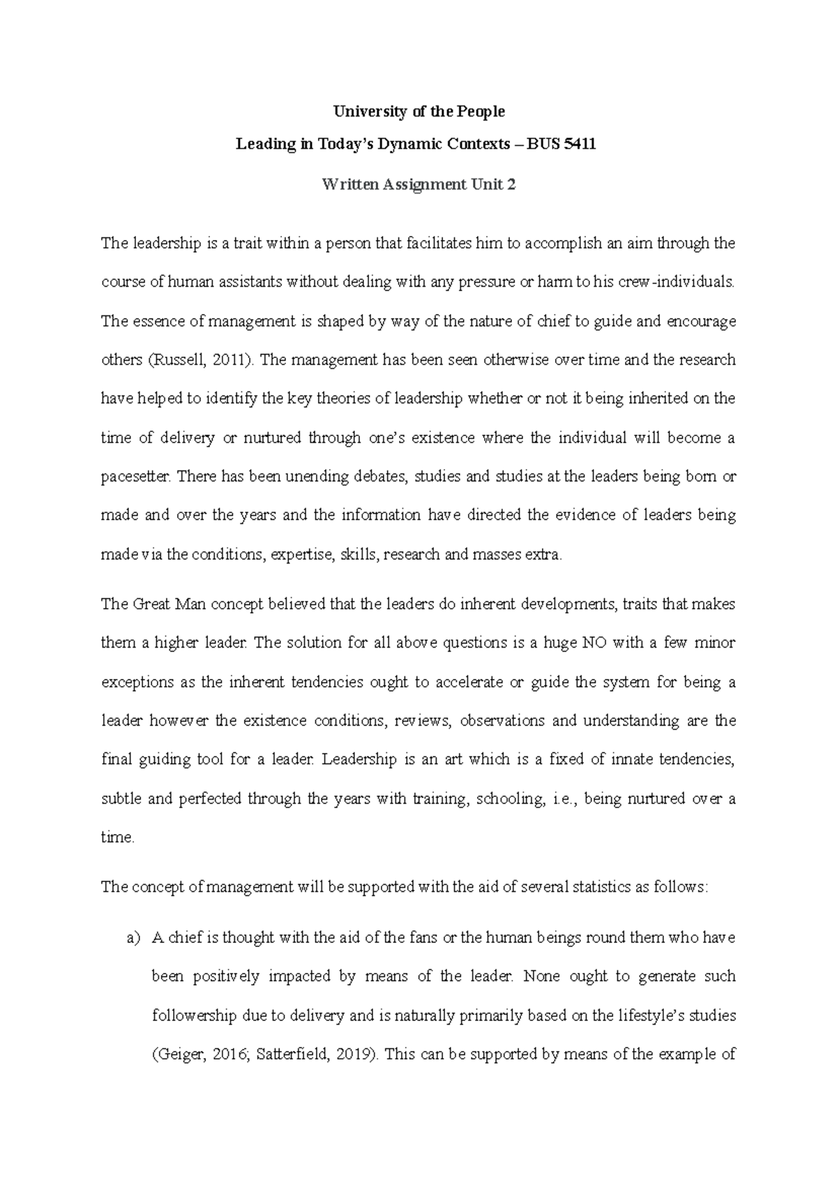 Leading in Today's Dynamic Written Assignment Unit 2 - University of ...