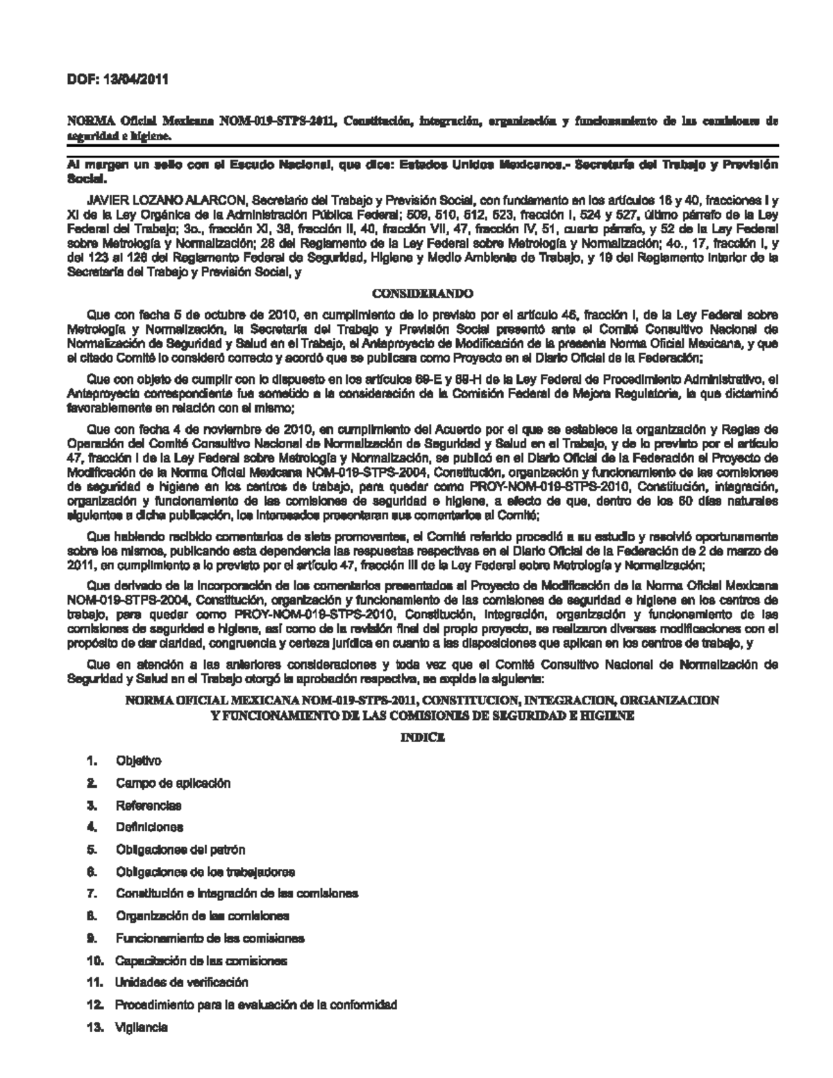 NOM 019 STPS 2011 - NORMA PARA COSULTA EN PDF - DOF: NORMA Oficial ...