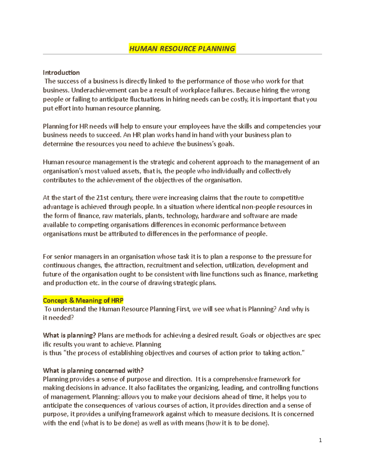 Human Resource Planning - HUMAN RESOURCE PLANNING Introduction The ...