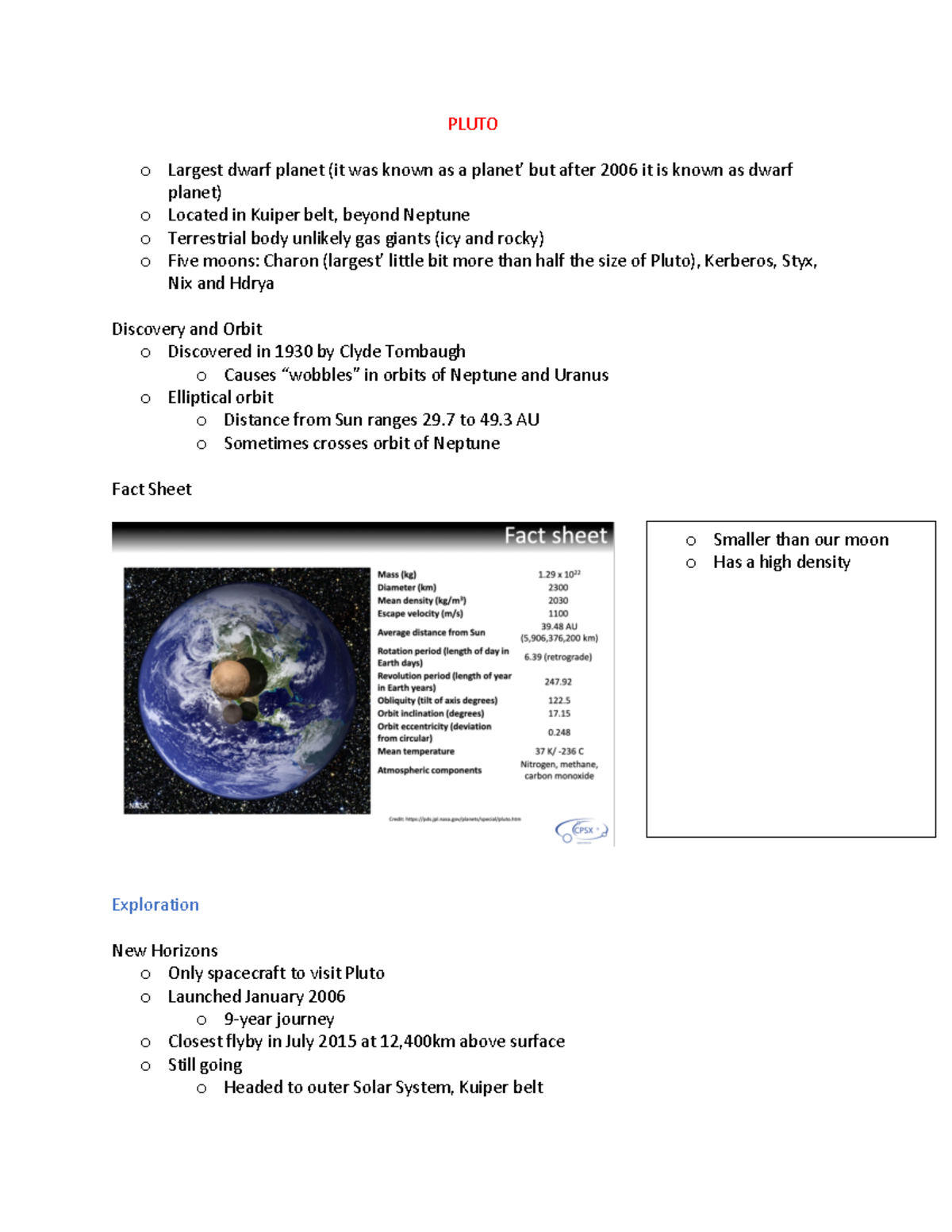 Pluto - It is lecture notes for psych2036 - PLUTO o Largest dwarf ...