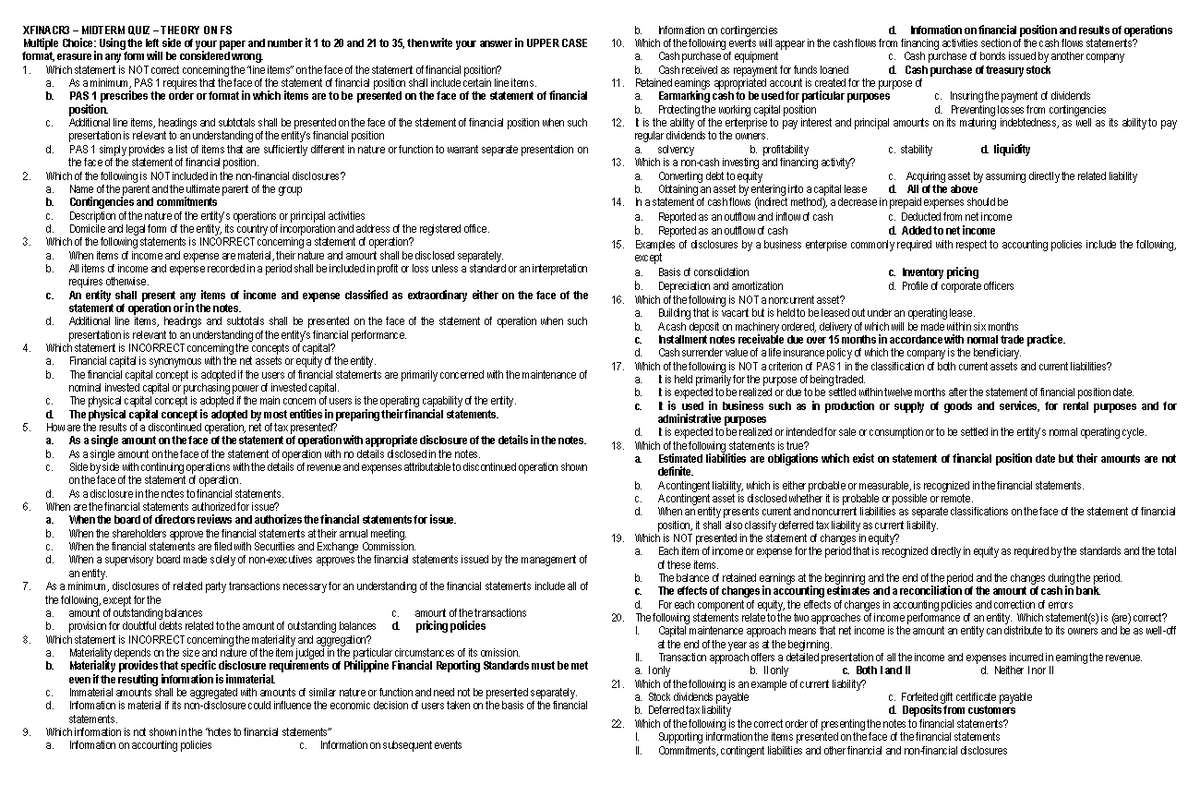 Pdfcoffee - sahashashashas - XFINACR3 – MIDTERM QUIZ – THEORY ON FS Multiple Choice: Using the ...