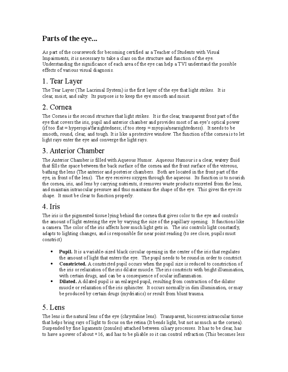 Parts Of The Eye Human Eye Lecture Notes Parts Of The Eye As