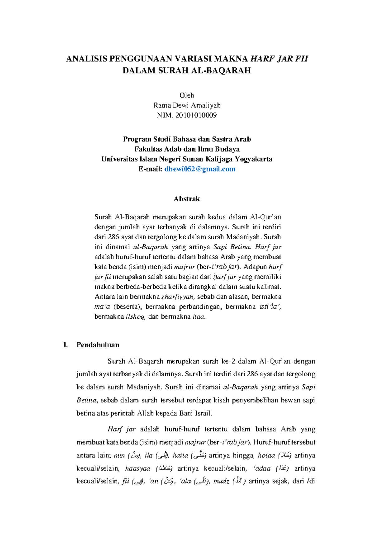 Analisis Penggunaan Variasi Makna Harf Jar Fii Dalam Surah Al-Baqarah ...