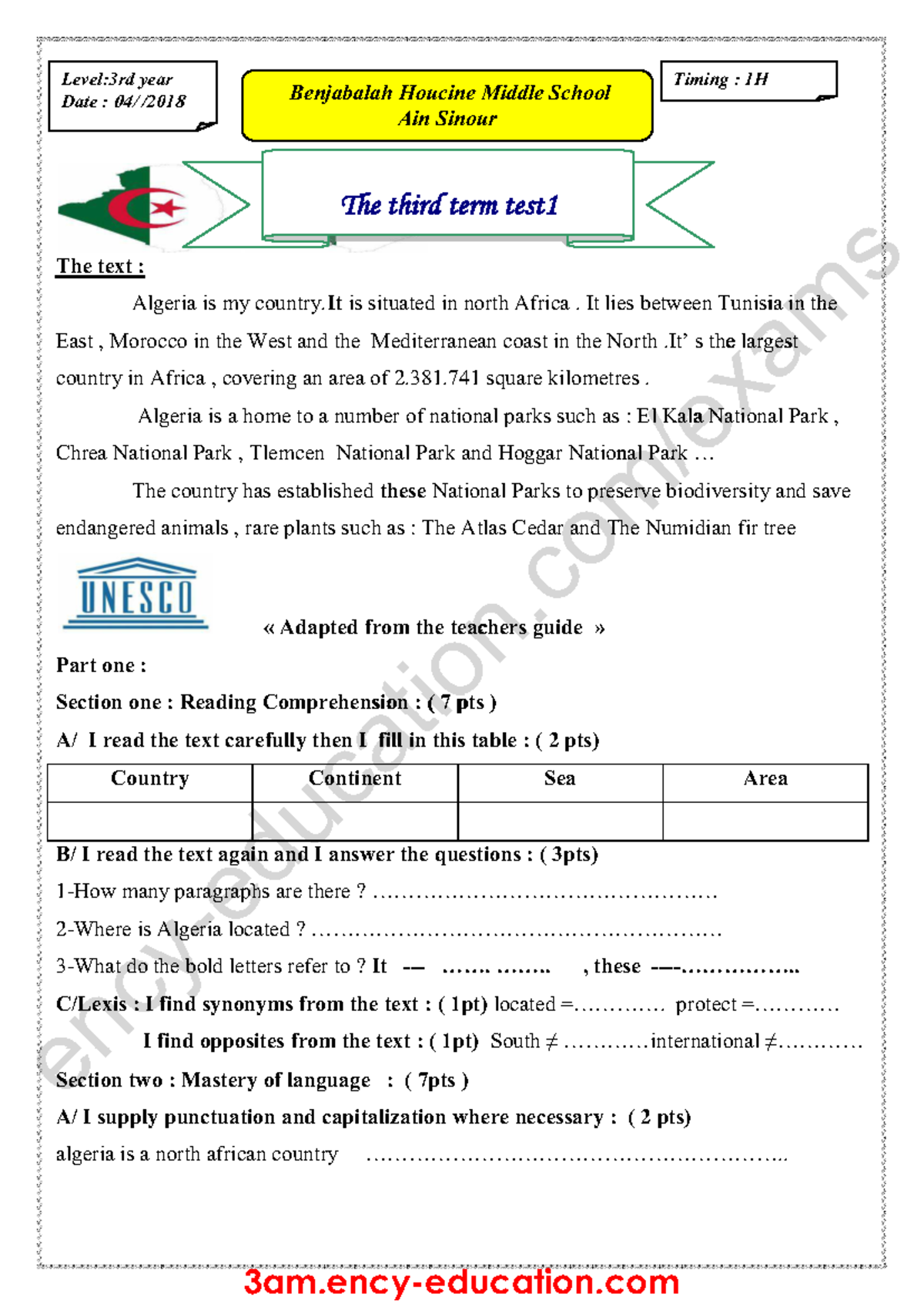 Dzexams 3am anglais 839366 - The text : Algeria is my country is ...