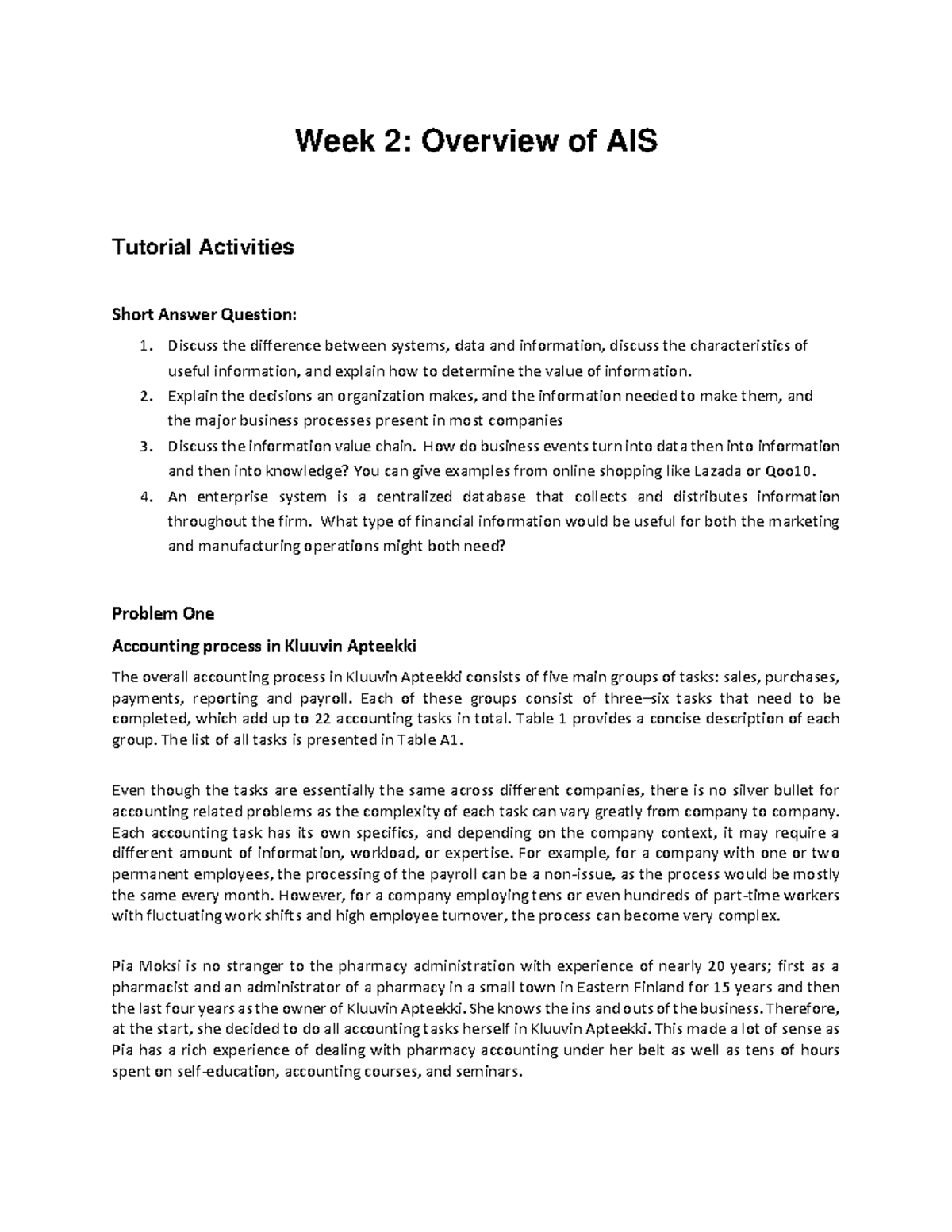 Tutorial 1 - Overview of AIS and Business Processes - Week 2 : Overview of AIS Tutorial ...