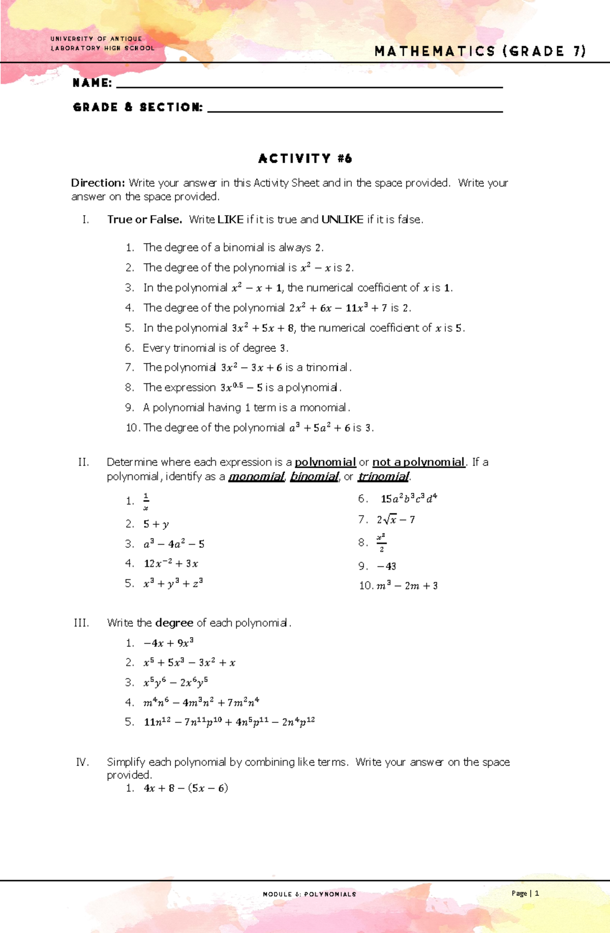 Mathematics Module 6 Activity Learners Material - Page | 1 University ...