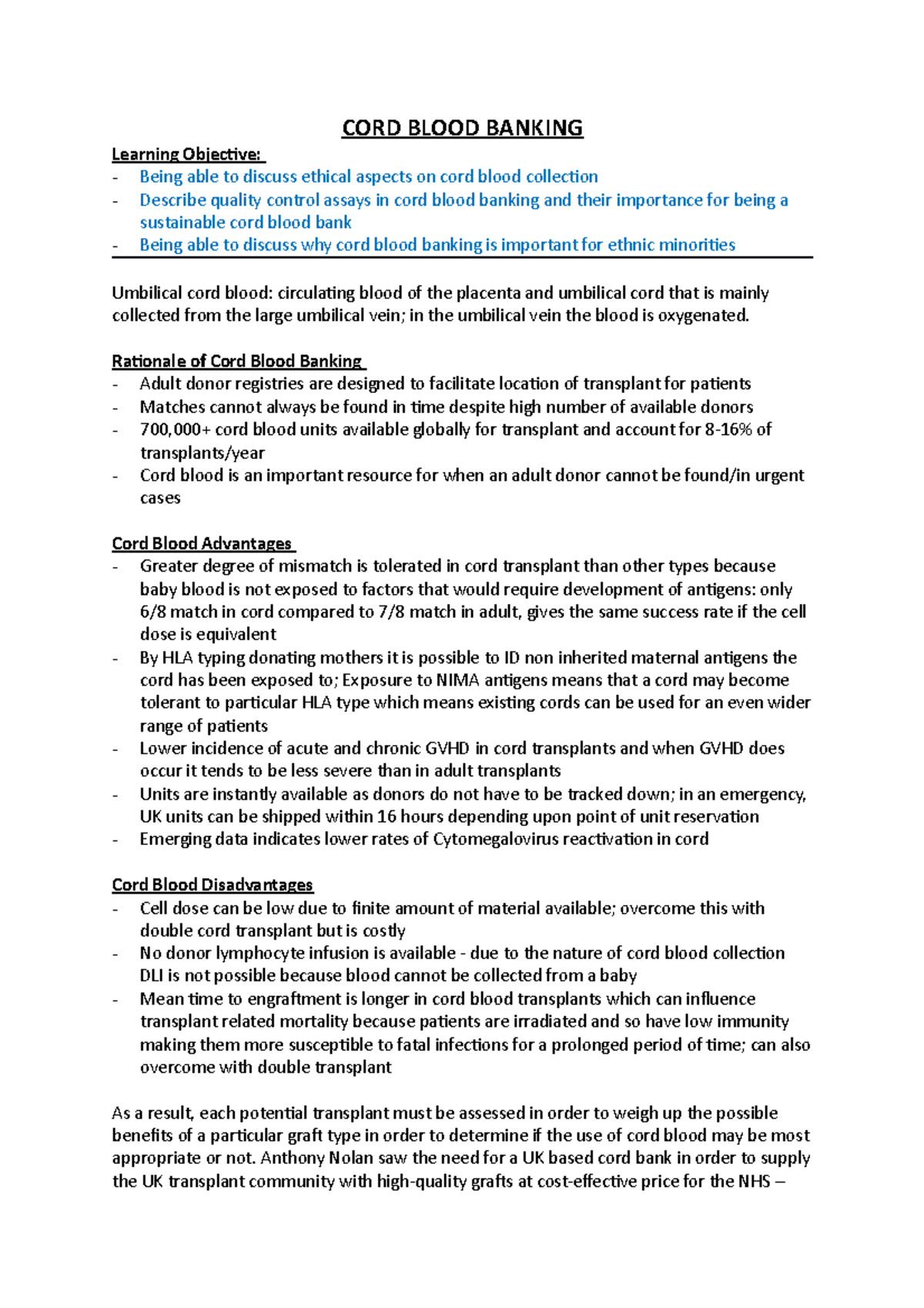L13 Cord Blood Banking - Lecture notes 13 - CORD BLOOD BANKING Learning ...
