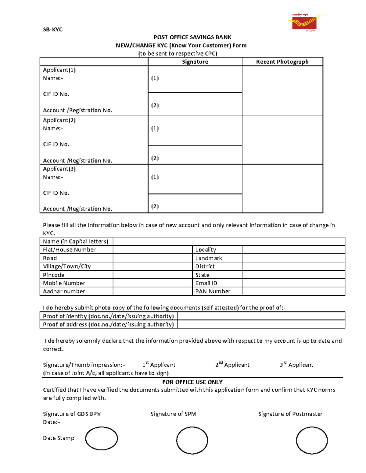 KYC Form Annexure II - SB-KYC POST OFFICE SAVINGS BANK NEW/CHANGE KYC ...