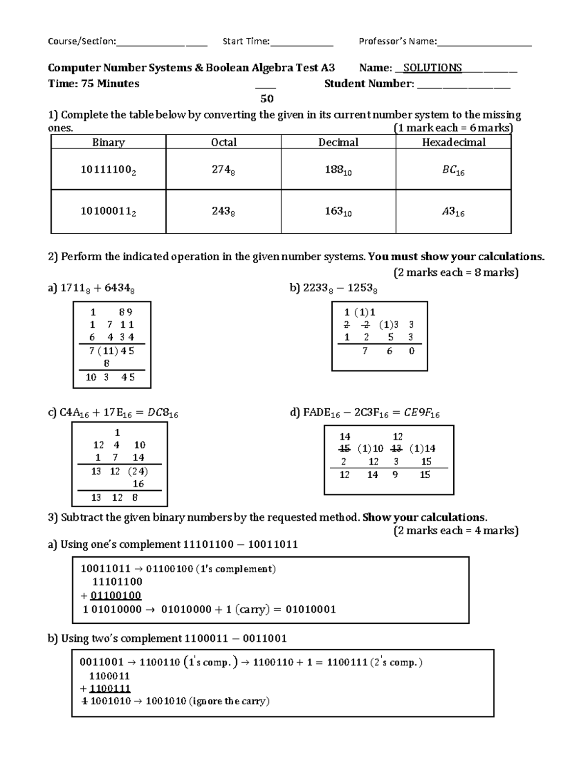 Computer Number Systems and Boolean Algebra Test A3 Solutions - Course ...