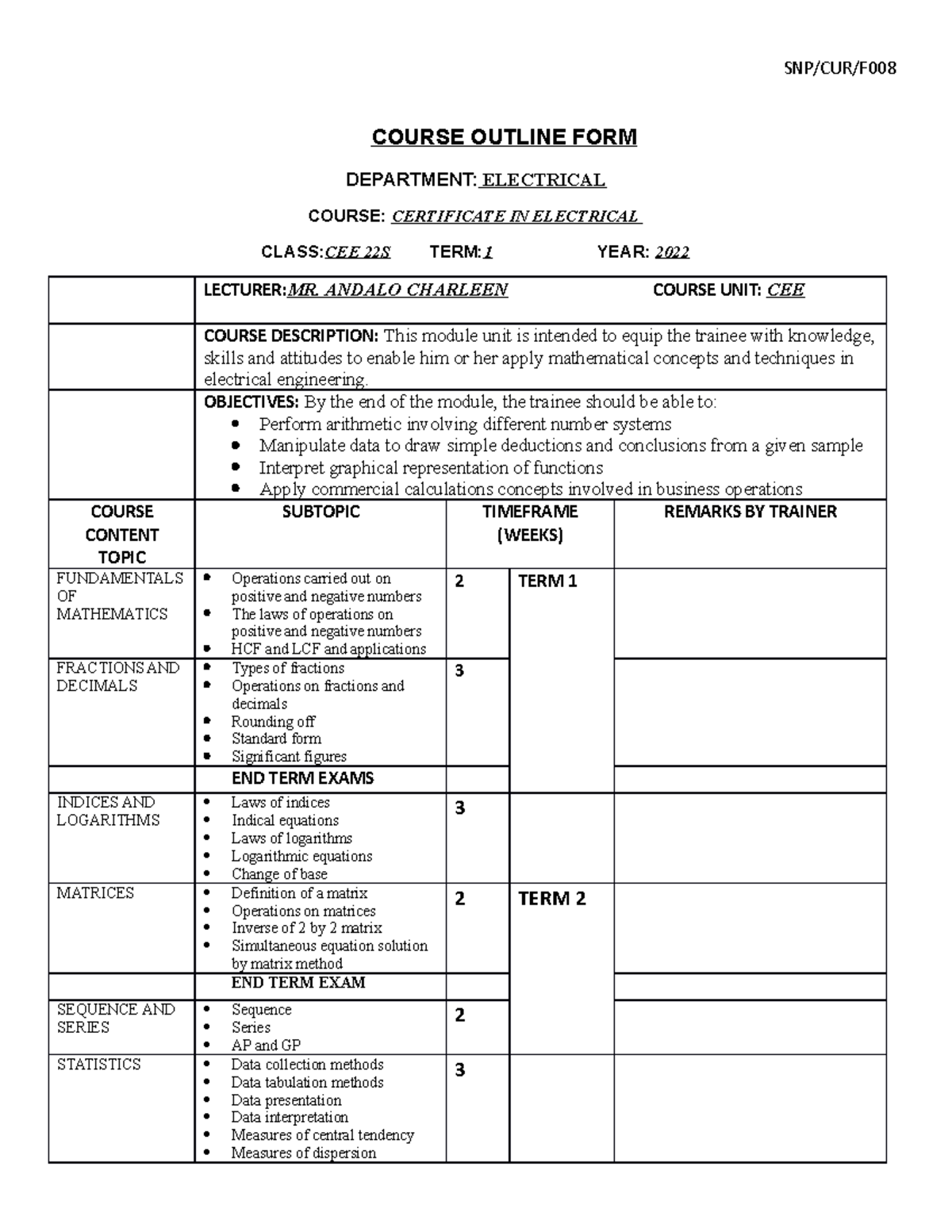 CEE 22S Mathematics Course Outline - Copy - SNP/CUR/F COURSE OUTLINE ...