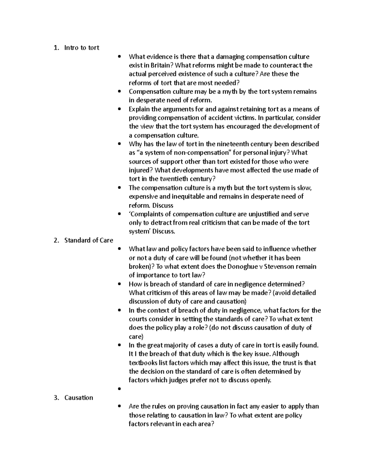 Tort of negligence exam questions - 1. Intro to tort 2. Standard of ...
