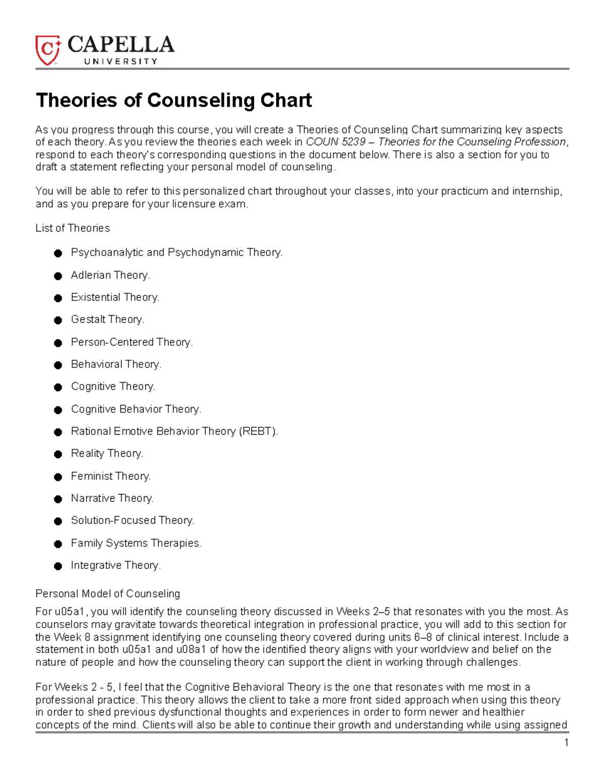 Coun5239 Theories of Counseling KCarlson - Theories of Counseling Chart ...